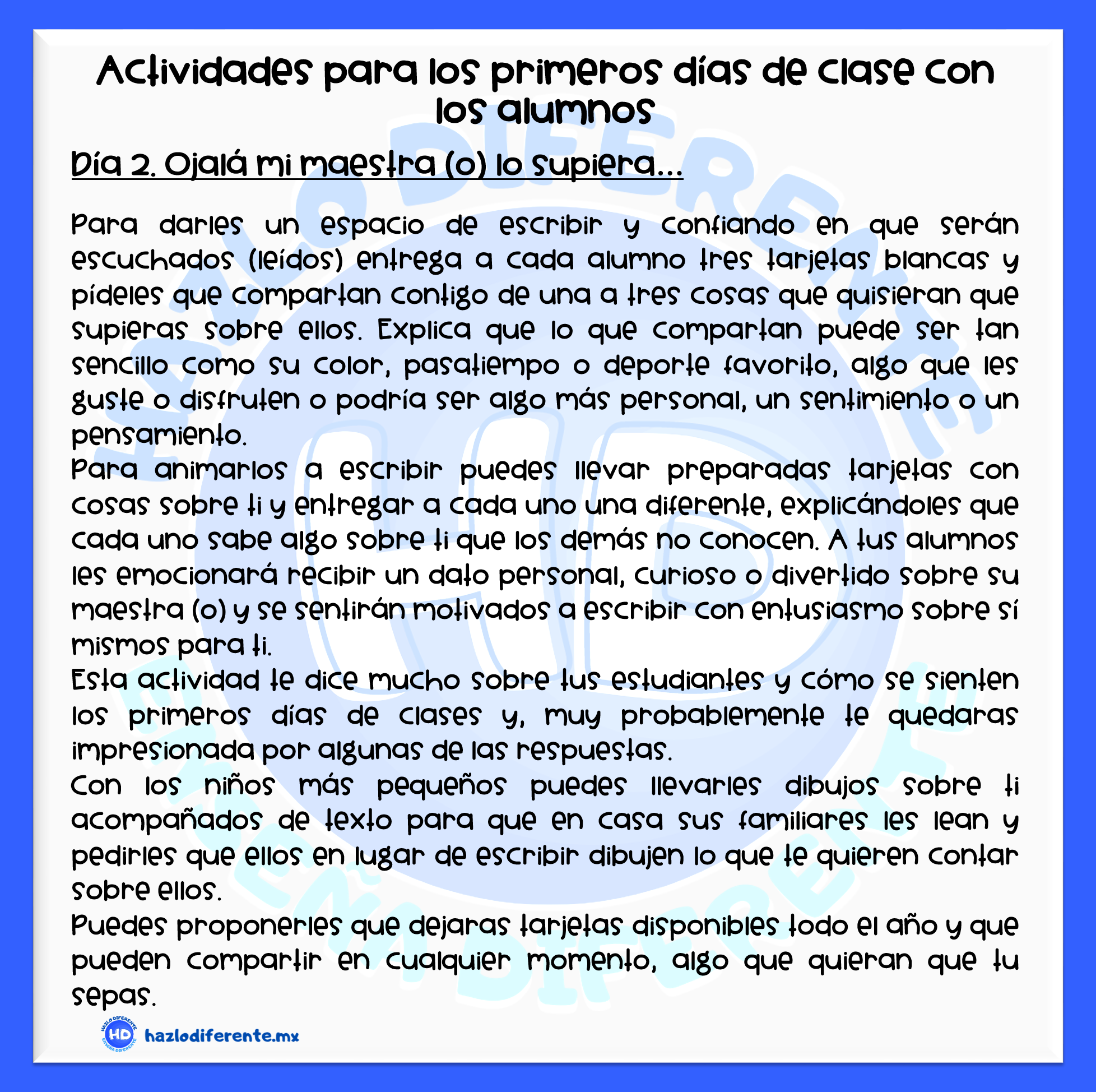 IDEAS PARA LOS PRIMEROS DÍAS DE CLASE – Hazlo Diferente
